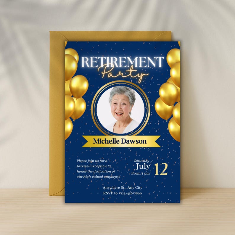 Elegant Retirement Party Invitation | Gold Balloons Theme | Editable ...