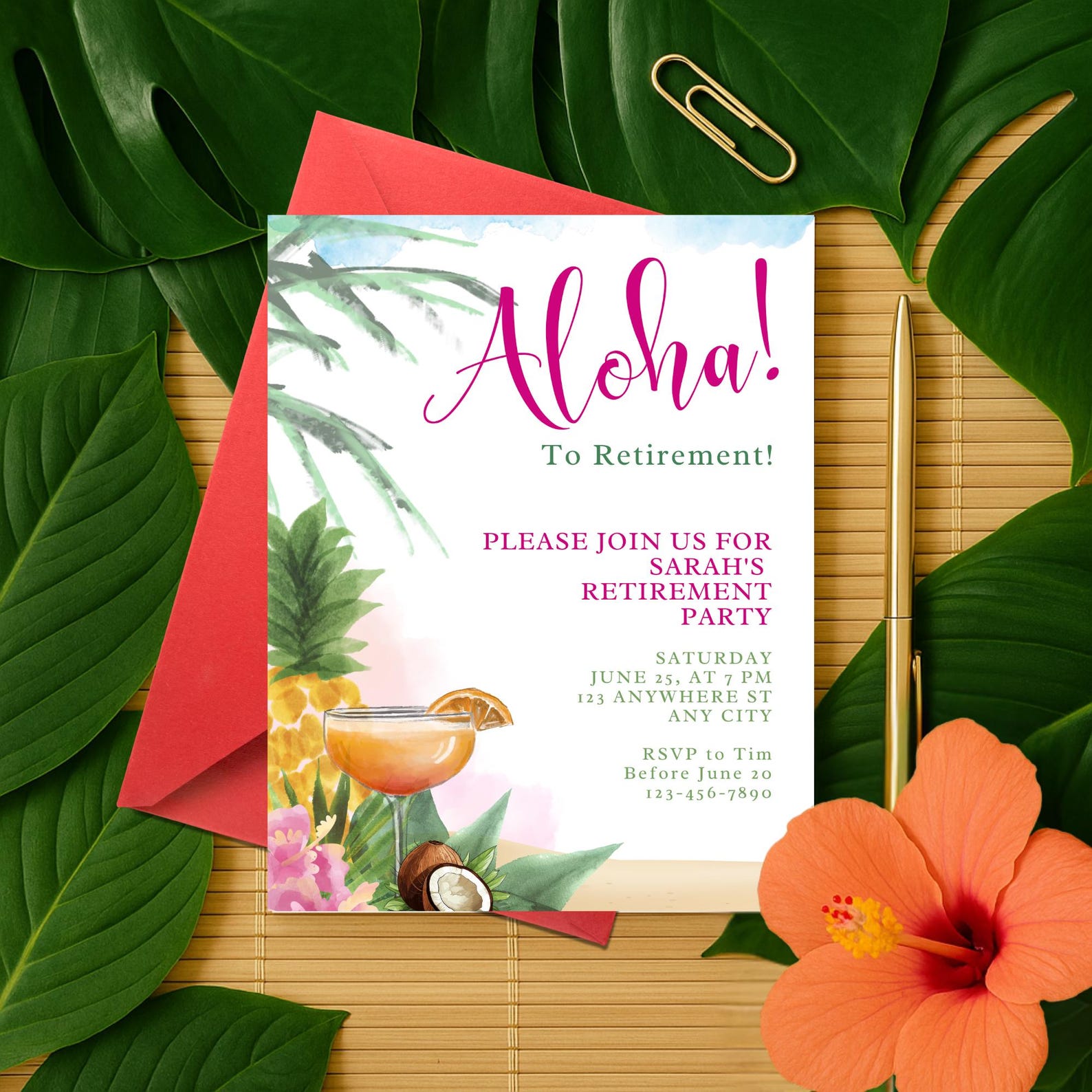 Tropical Retirement Party Invitation – Watercolor Aloha Theme (digital ...