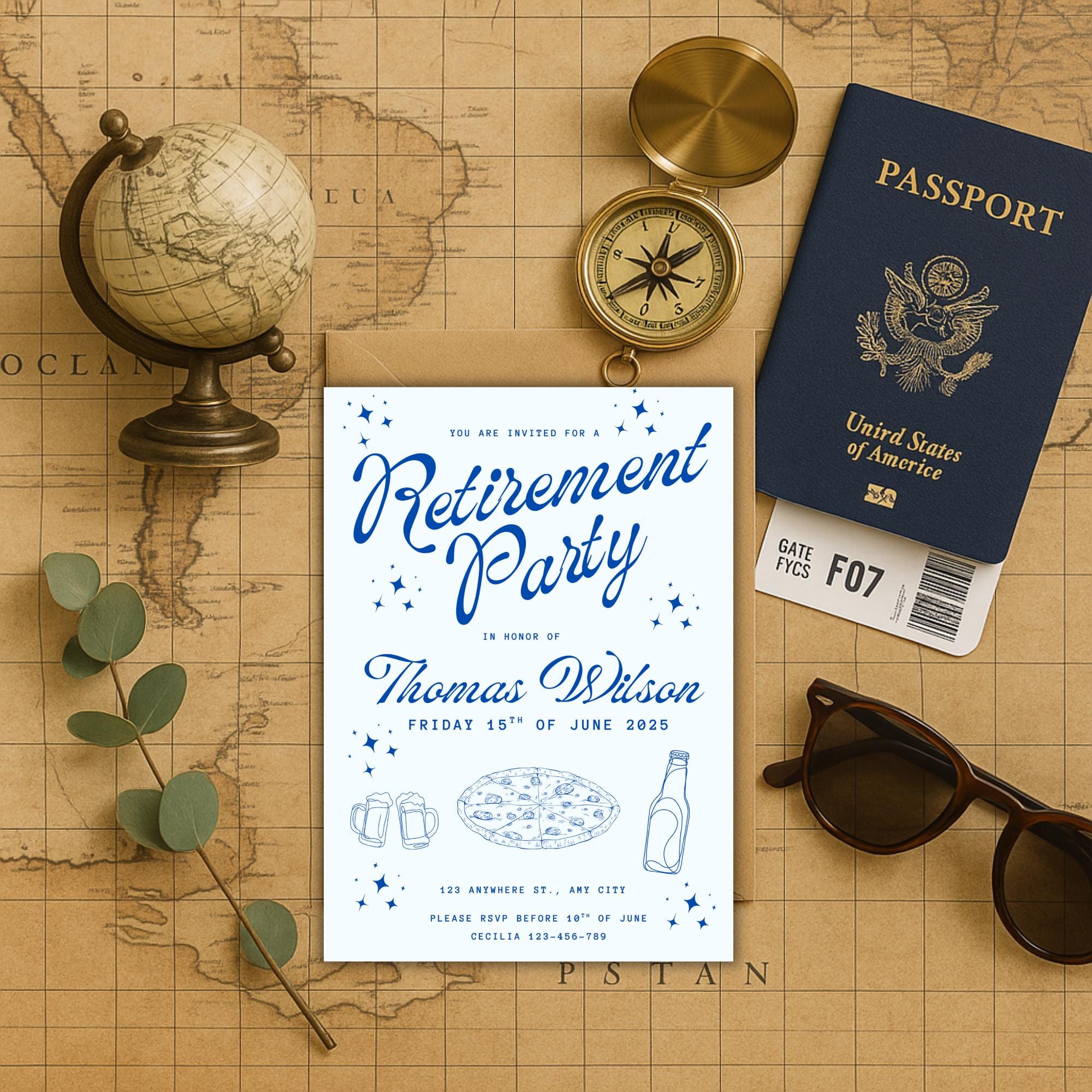 Retro Retirement Party Invitation: Beer & Pizza, Editable Template (5x7 ...