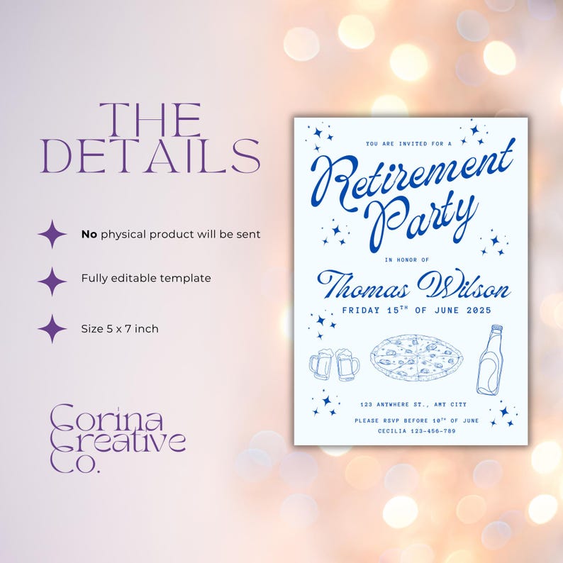 Retro Retirement Party Invitation: Beer & Pizza, Editable Template (5x7 ...