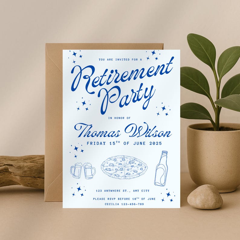 Retro Retirement Party Invitation: Beer & Pizza, Editable Template (5x7 ...