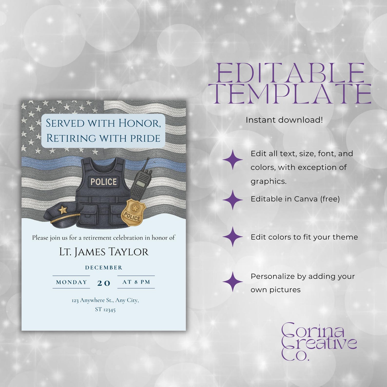 Police Retirement Party Invitation: Blue & Gold Law Enforcement Theme ...