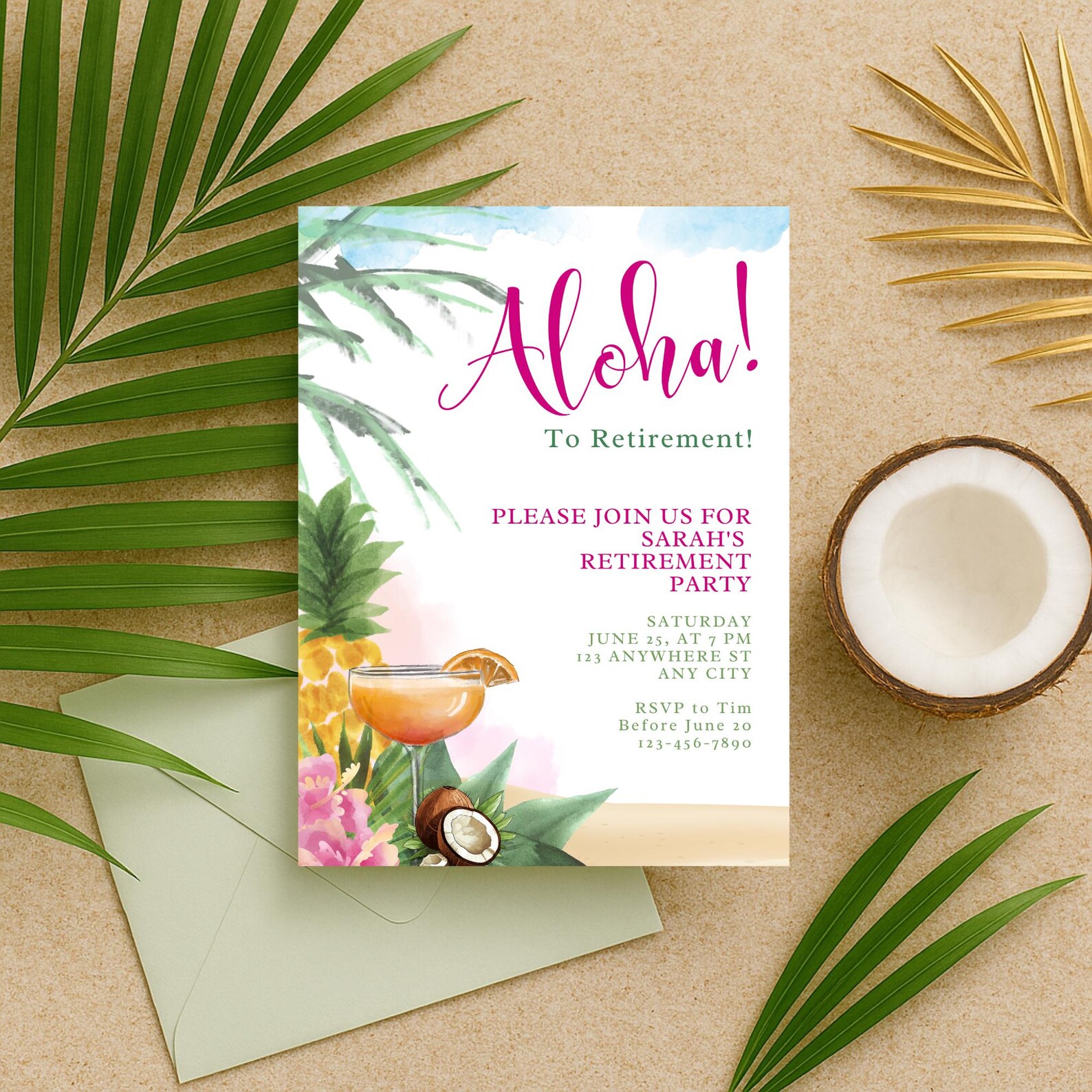 Tropical Retirement Party Invitation – Watercolor Aloha Theme (digital ...
