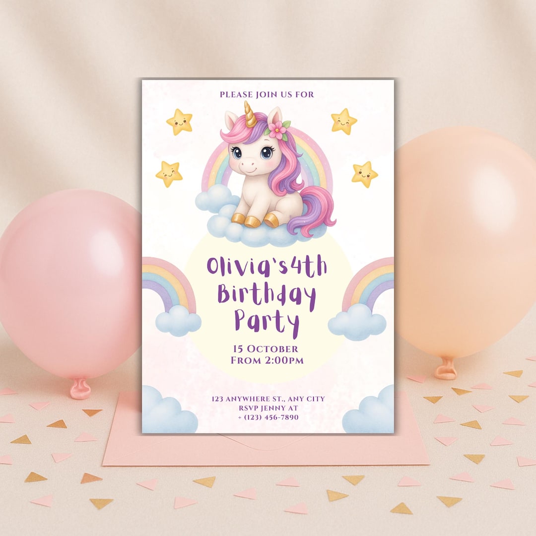 Magical Unicorn Birthday Invitation: Rainbow Theme, Editable Template ...