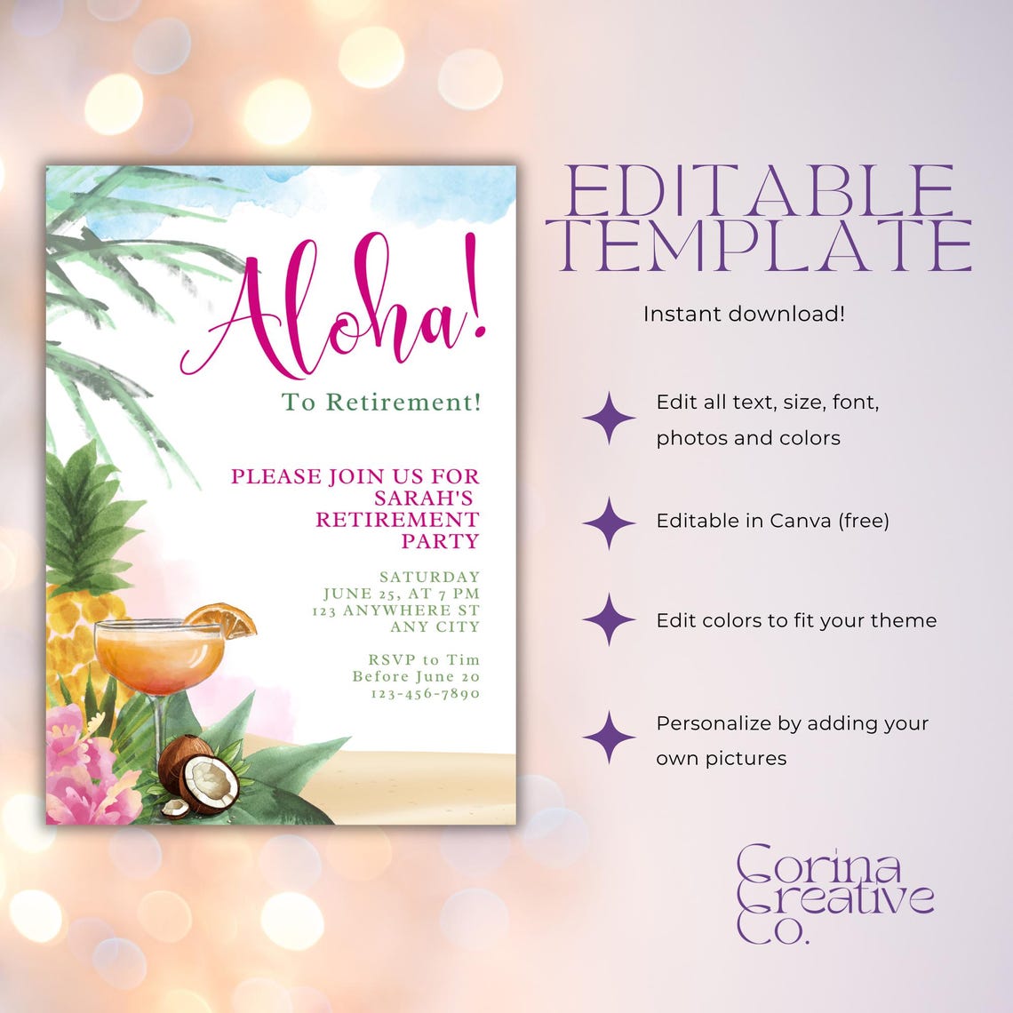 Tropical Retirement Party Invitation – Watercolor Aloha Theme (digital ...