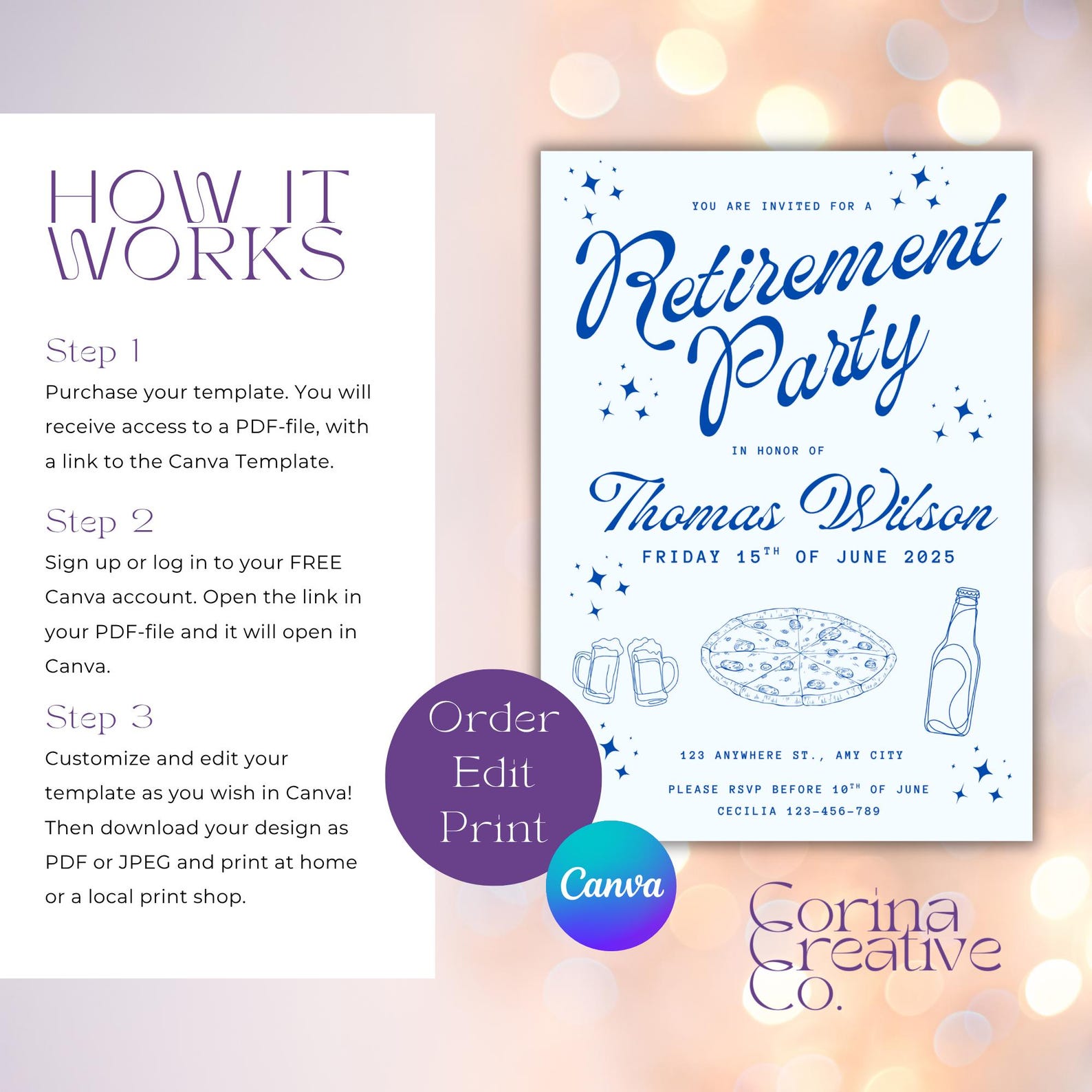 Retro Retirement Party Invitation: Beer & Pizza, Editable Template (5x7 ...