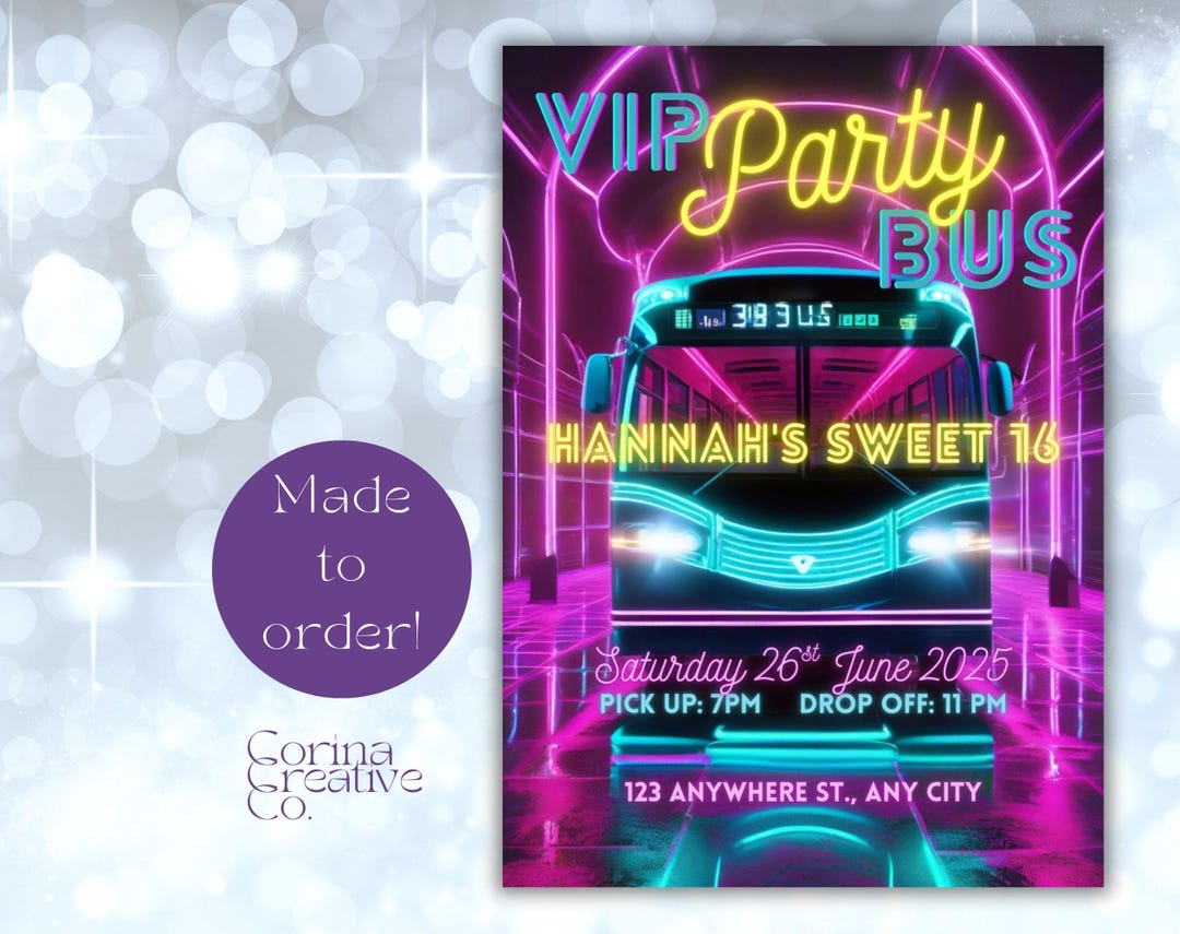 VIP Party Bus Invitation | Made to Order | Custom Neon Sweet 16 ...