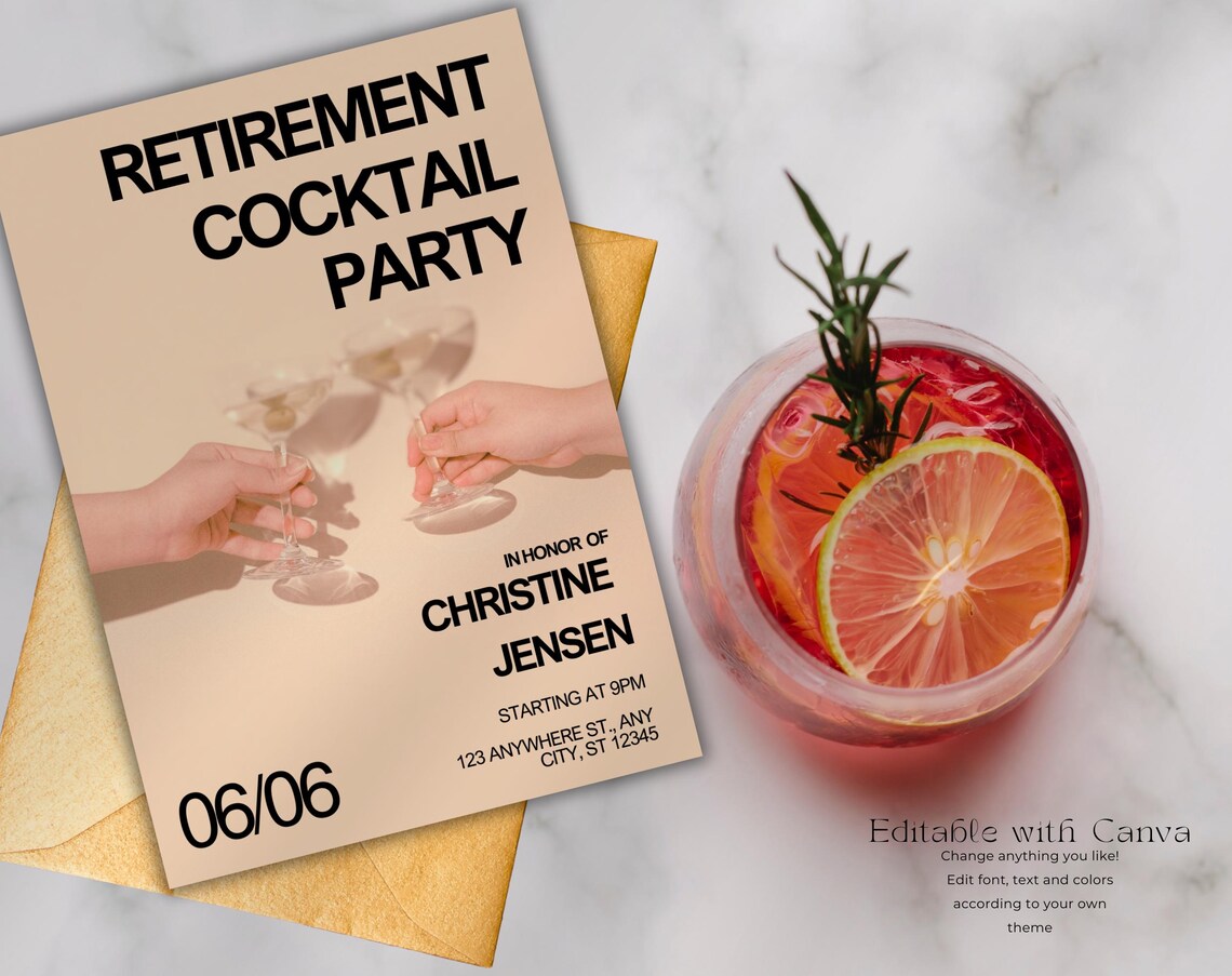 Editable Retirement Party Invitation Template – Modern Cocktail Party ...