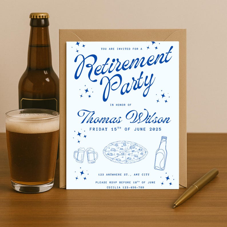 Retro Retirement Party Invitation: Beer & Pizza, Editable Template (5x7 ...