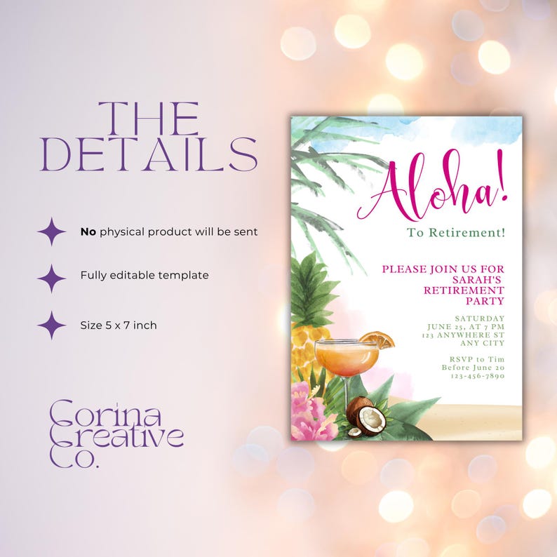 Tropical Retirement Party Invitation – Watercolor Aloha Theme (digital ...