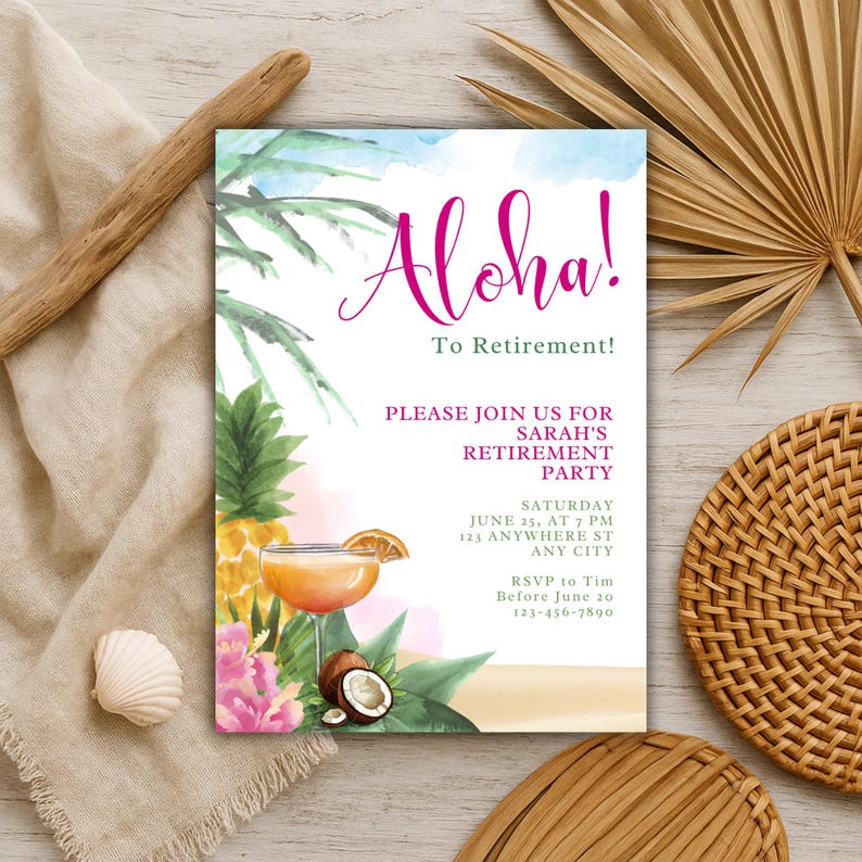 Tropical Retirement Party Invitation – Watercolor Aloha Theme (digital ...