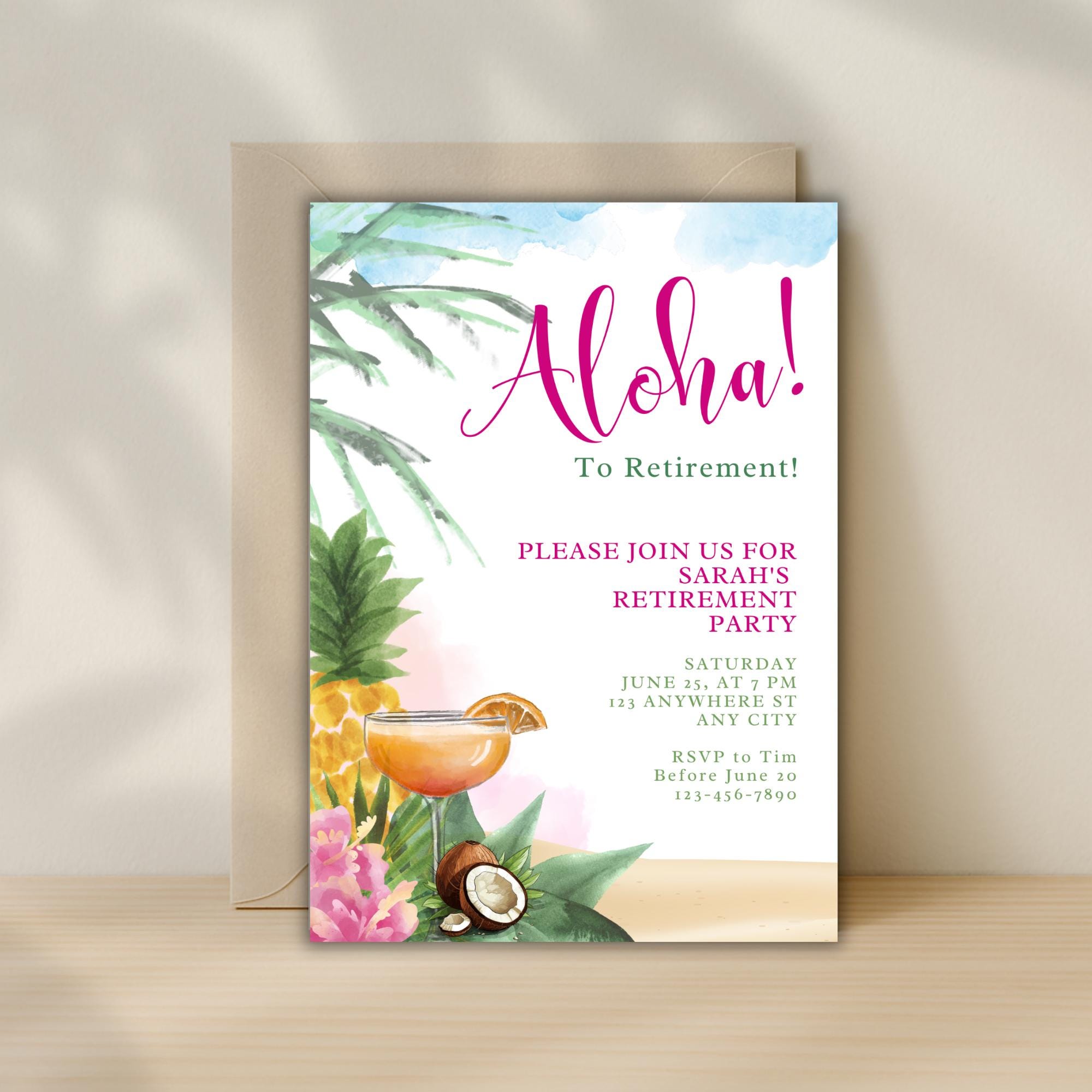 Tropical Retirement Party Invitation – Watercolor Aloha Theme (digital ...