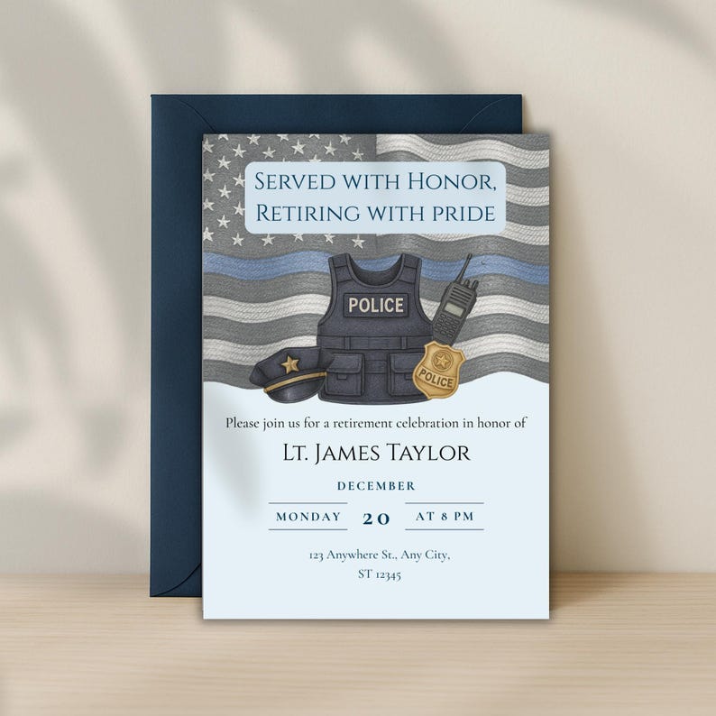Police Retirement Party Invitation: Blue & Gold Law Enforcement Theme ...