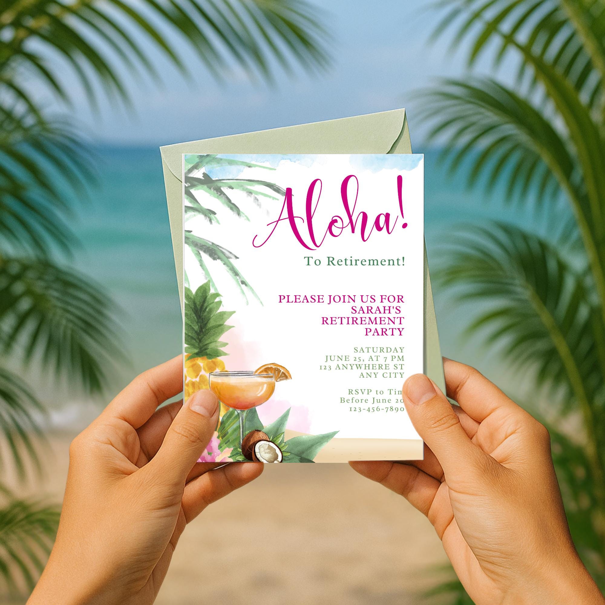 Tropical Retirement Party Invitation – Watercolor Aloha Theme (digital ...
