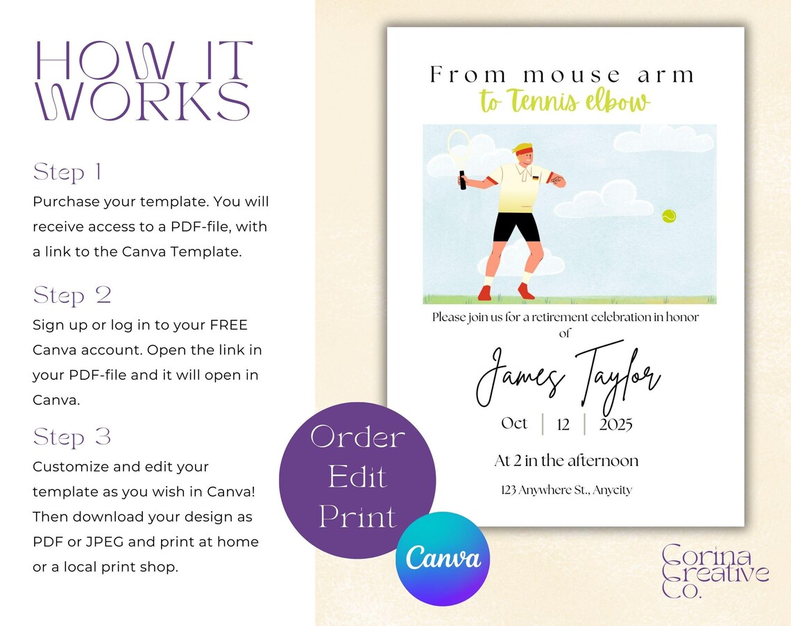 Funny Tennis Retirement Invitation: Editable Office Farewell Template ...