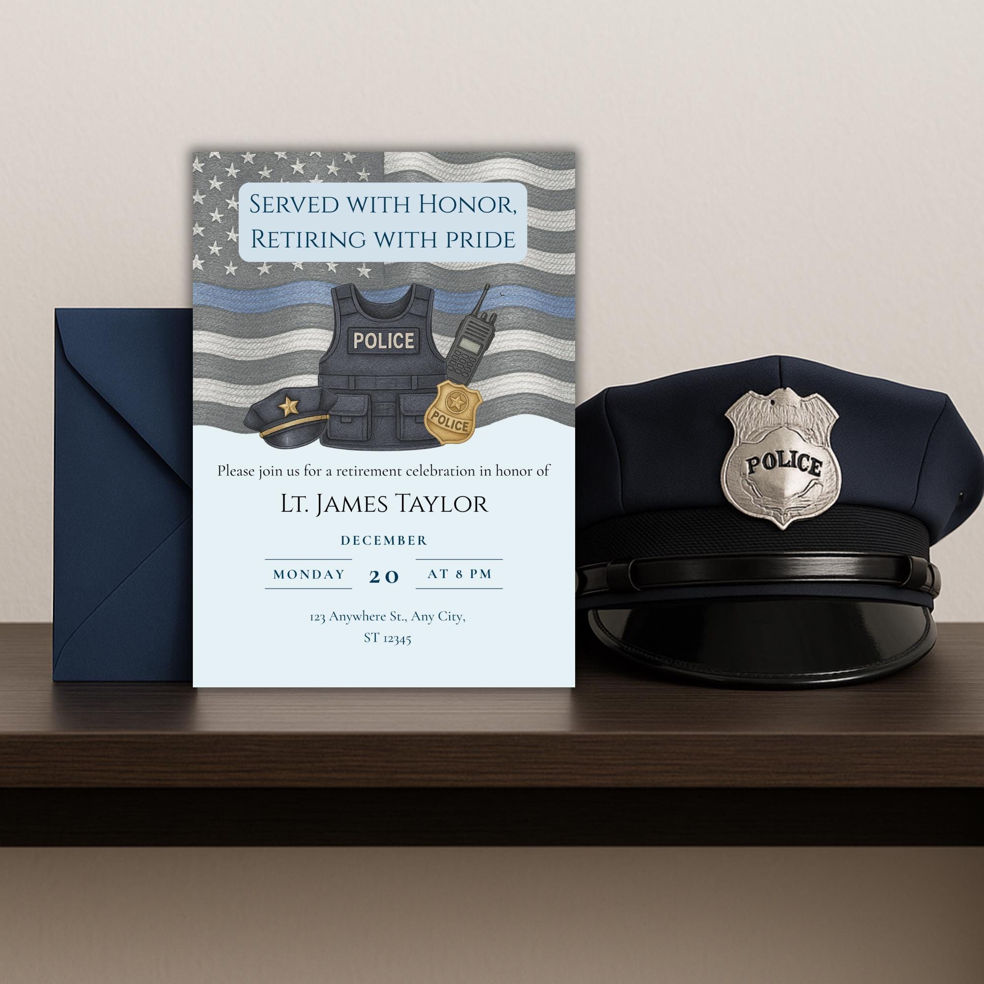 Police Retirement Party Invitation: Blue & Gold Law Enforcement Theme ...