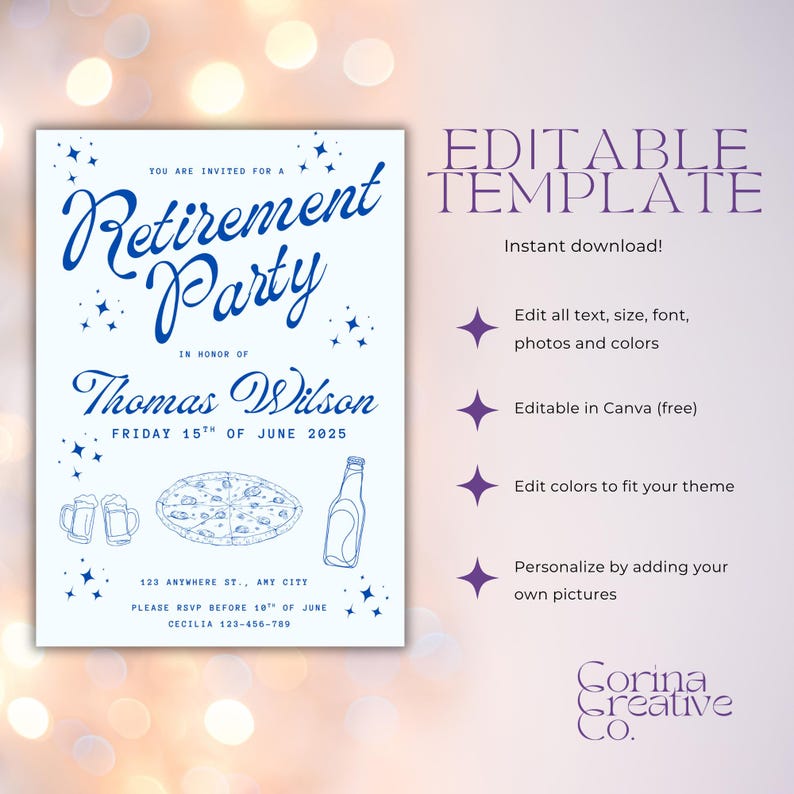 Retro Retirement Party Invitation: Beer & Pizza, Editable Template (5x7 ...