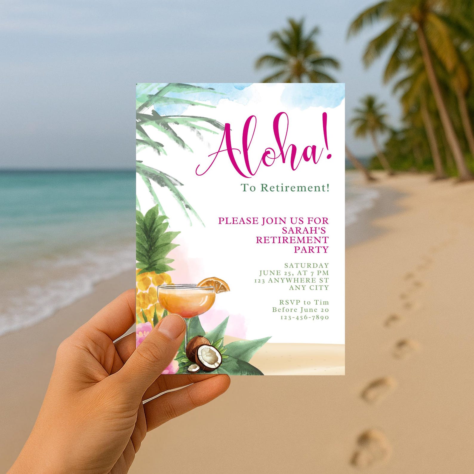 Tropical Retirement Party Invitation – Watercolor Aloha Theme (digital ...