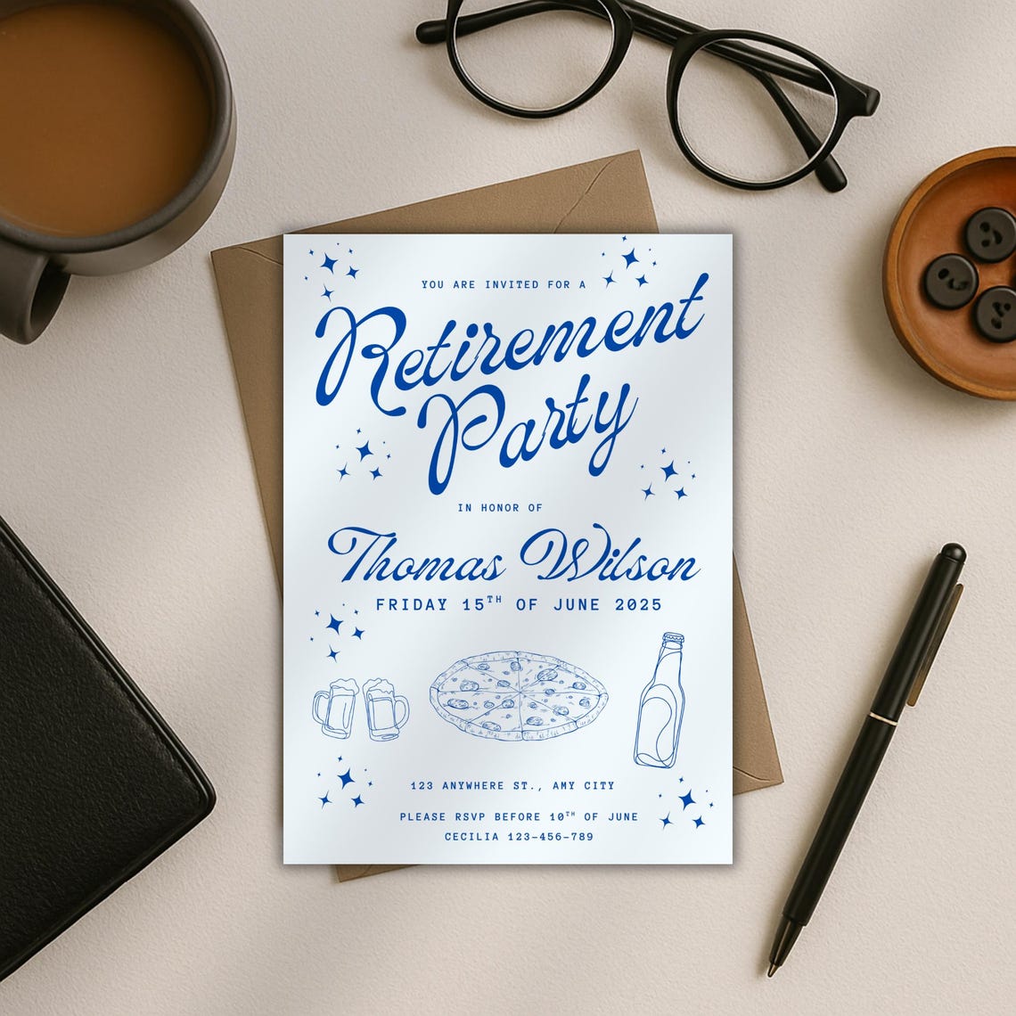 Retro Retirement Party Invitation: Beer & Pizza, Editable Template (5x7 ...