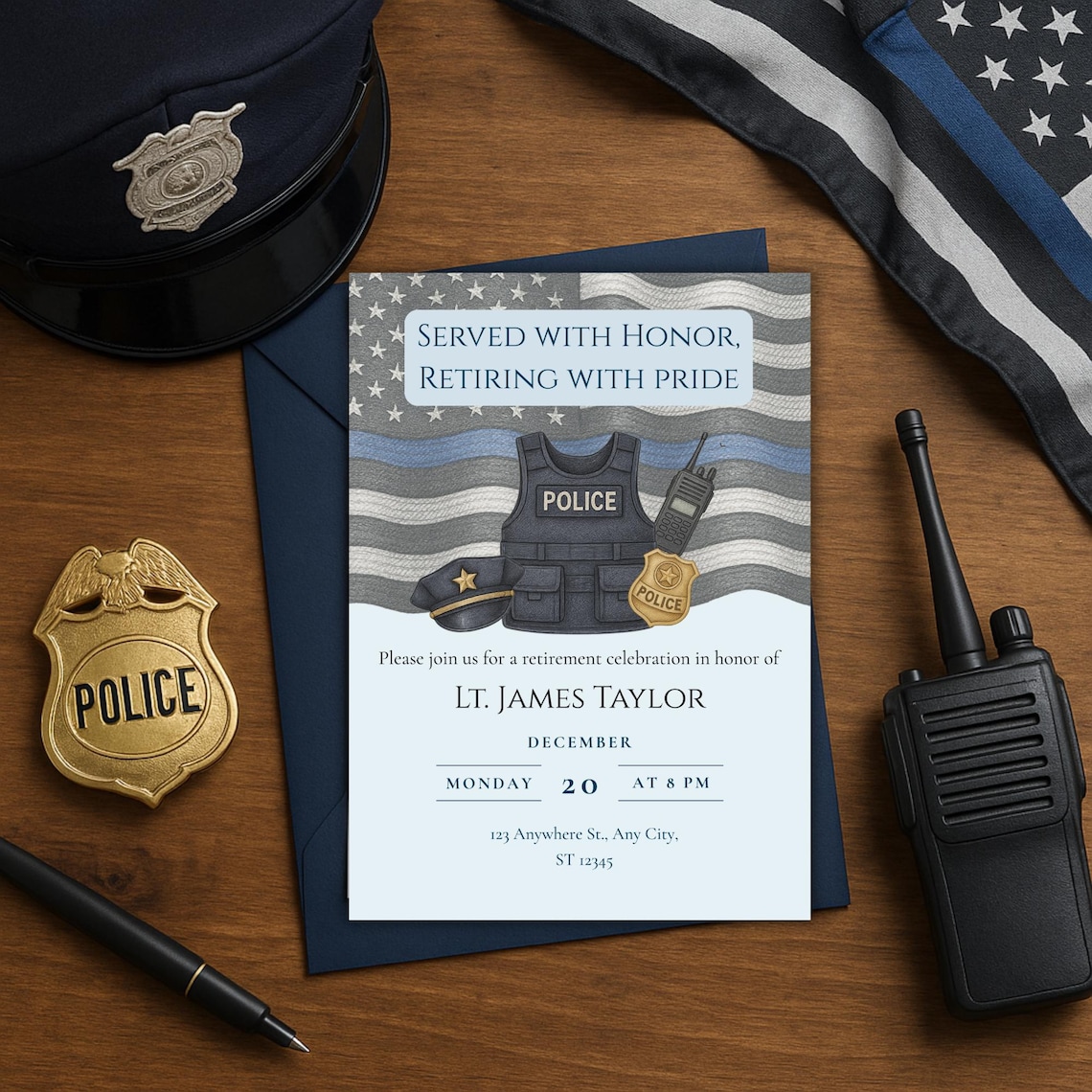 Police Retirement Party Invitation: Blue & Gold Law Enforcement Theme ...