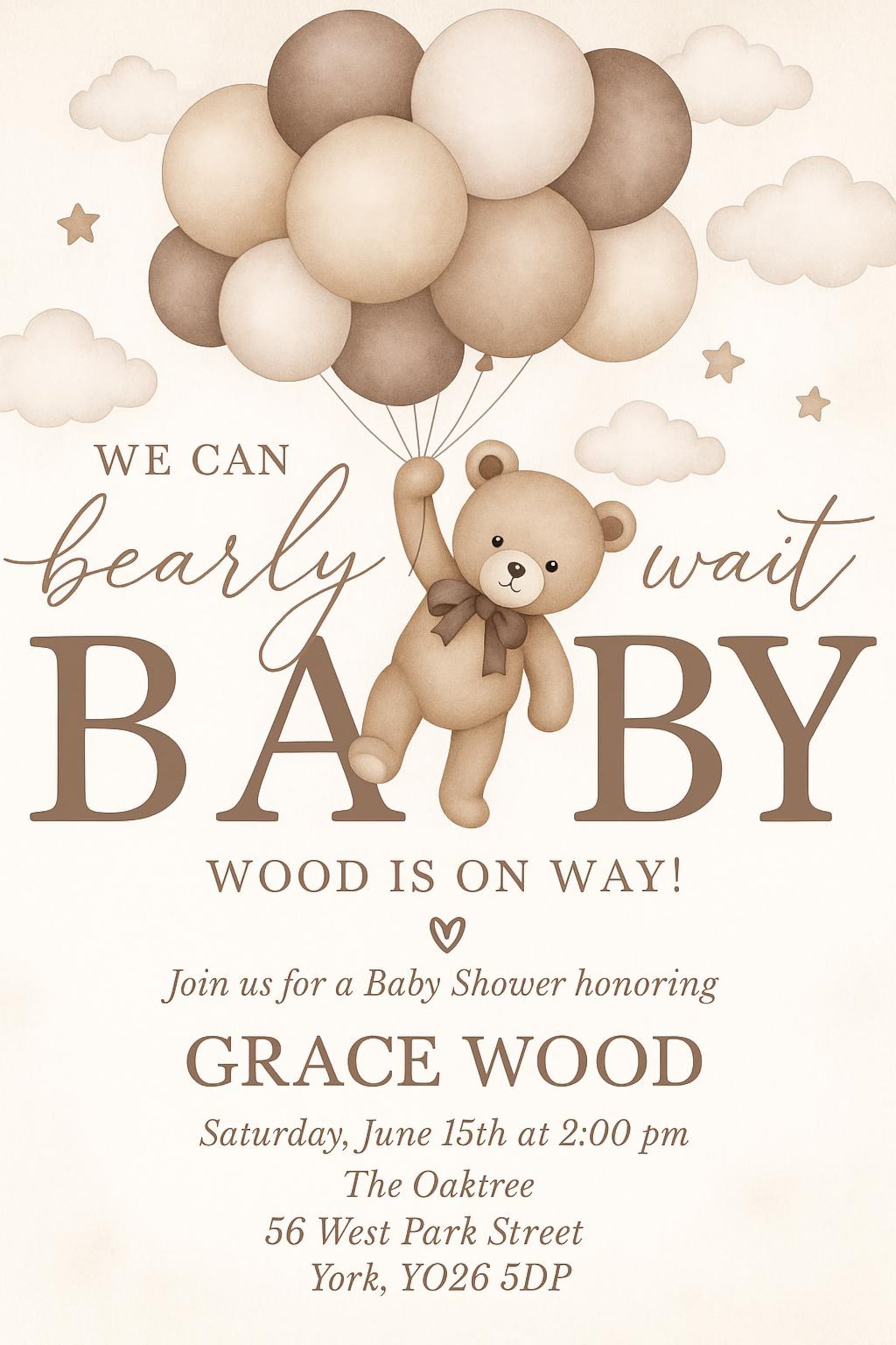 Editable Bear Baby Shower Invitation, We Can Bearly Wait Invite ...