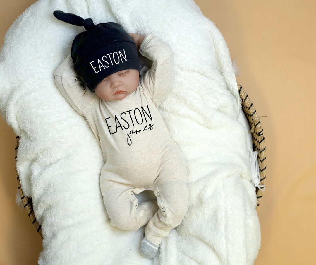 Baby Boy Coming Home Outfit, Personalized Oatmeal Romper With Black Hat ...