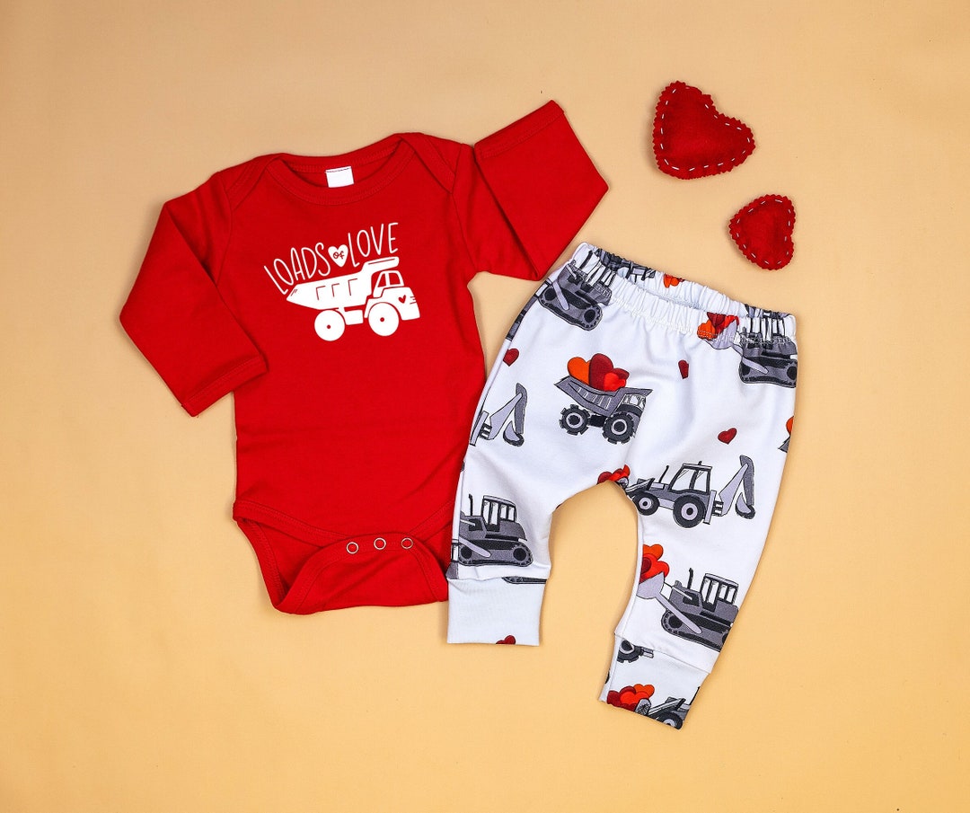 Baby Boy Valentines Day Loads of Love Outfit. Construction Trucks Hearts. Infant. Newborn. Red ...