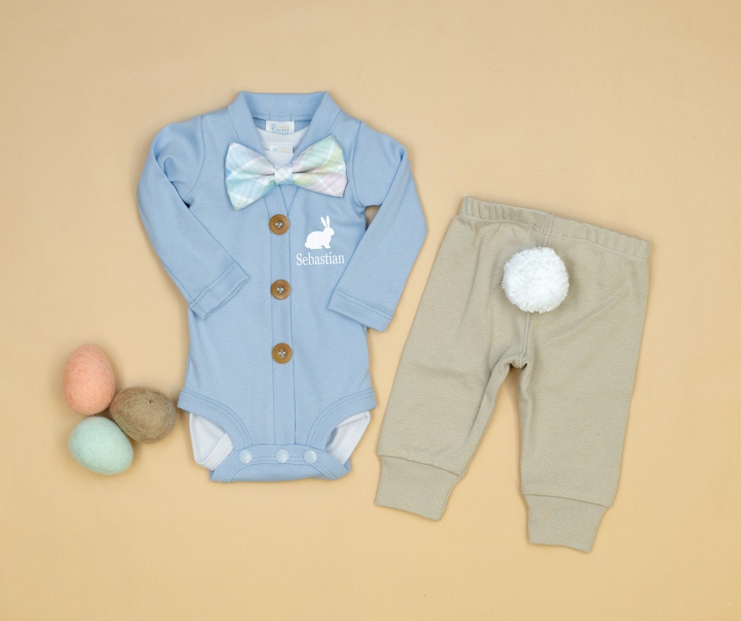 Personalized Baby Boy Easter Outfit: Cloud Blue Cardigan, Plaid Bow Tie ...