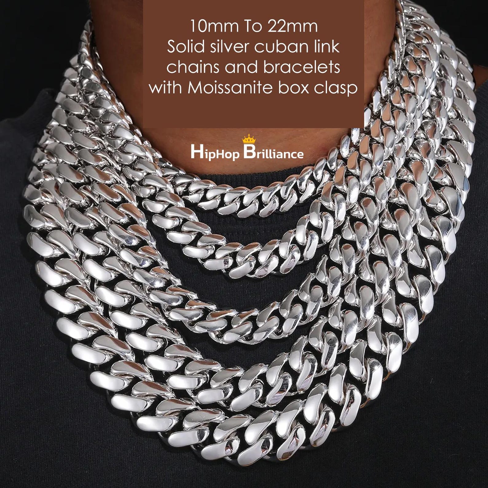 Solid Silver Cuban Link Chains and Bracelets With Box Clasp, 10-22mm ...