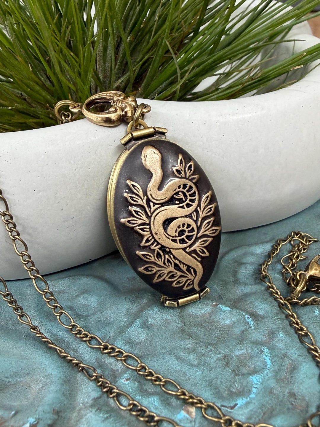 Snake Locket Necklace, Vintage Style Oval Photo Locket, Serpent Jewelry ...