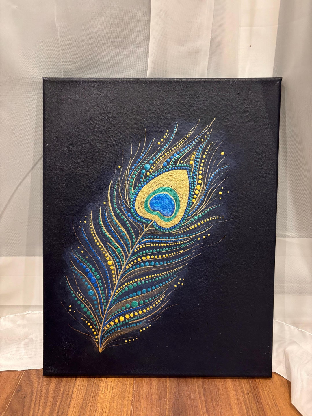 Peacock Feather / Dot Art Painting in Blue, Green and Gold Tones - Etsy