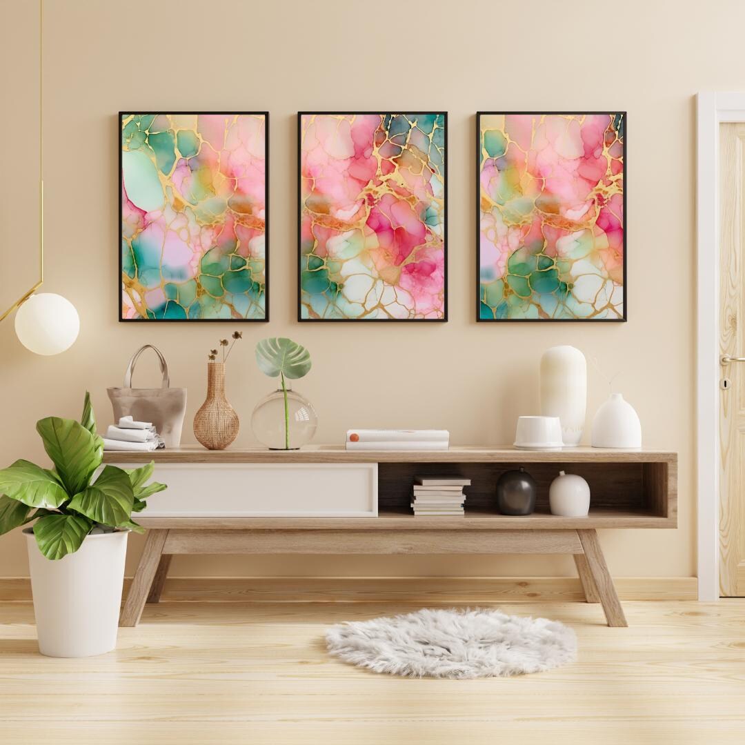 Pink Paintings Green and Pink Art Inki Gold Marbling Artful Abstractive ...