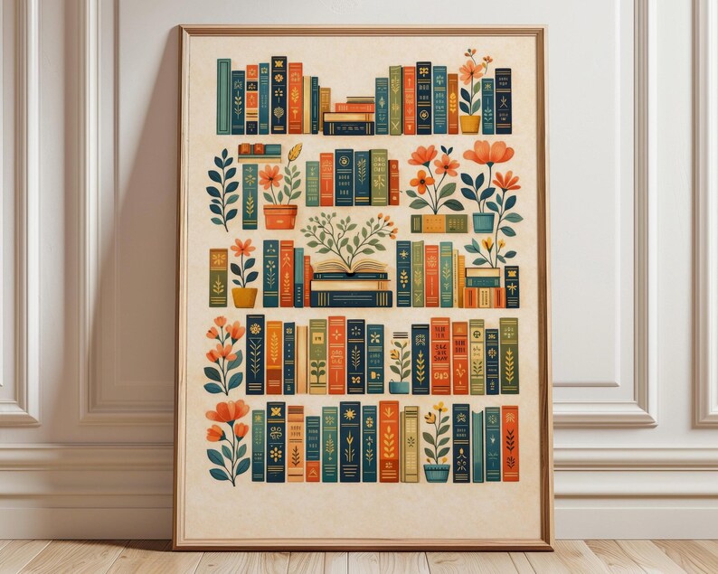 Botanical Bookshelf Rolled Poster | Book Lover Wall Art, Floral Library ...