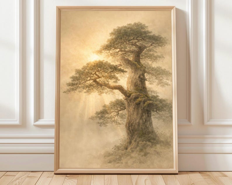 Ancient Pine Tree Wall Art Print, Serene Japanese Nature Illustration ...
