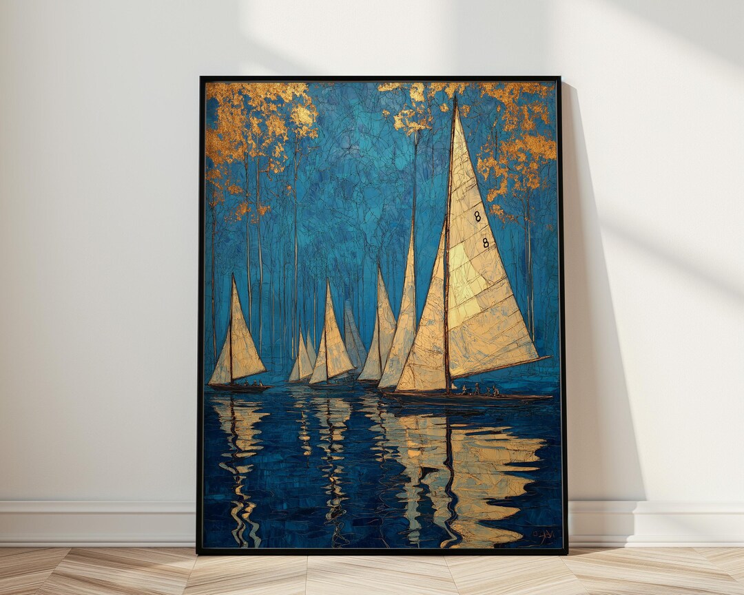 Abstract Sailboat Regatta Wall Art, Blue Nautical Coastal Decor, Lake ...