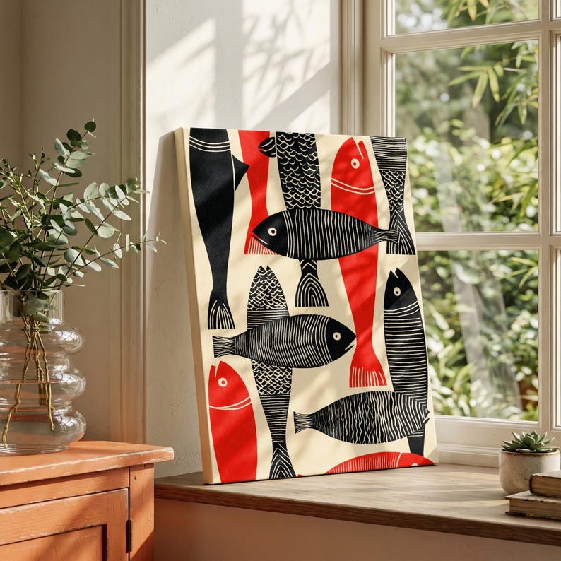 Modern Fish Print, Scandinavian Coastal Art, Black Red Nautical Decor ...