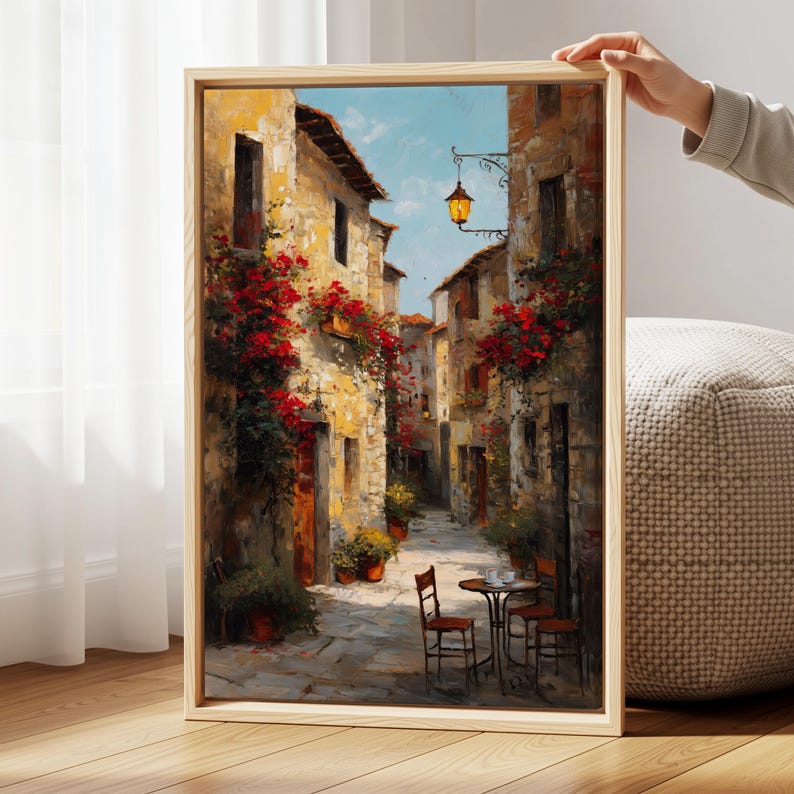 Italian Street Painting, European Village Cafe Alley Art Print - Etsy