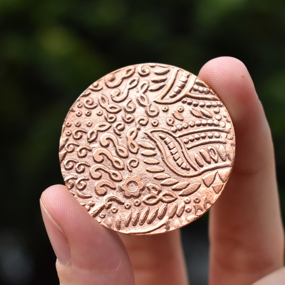 Solid Copper Round Disc Shape W/ Batik Flower and Leaf Texture Metal ...