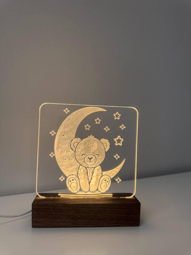Personalized Acrylic LED Night Light: Walnut Wood Base, Custom Nursery ...