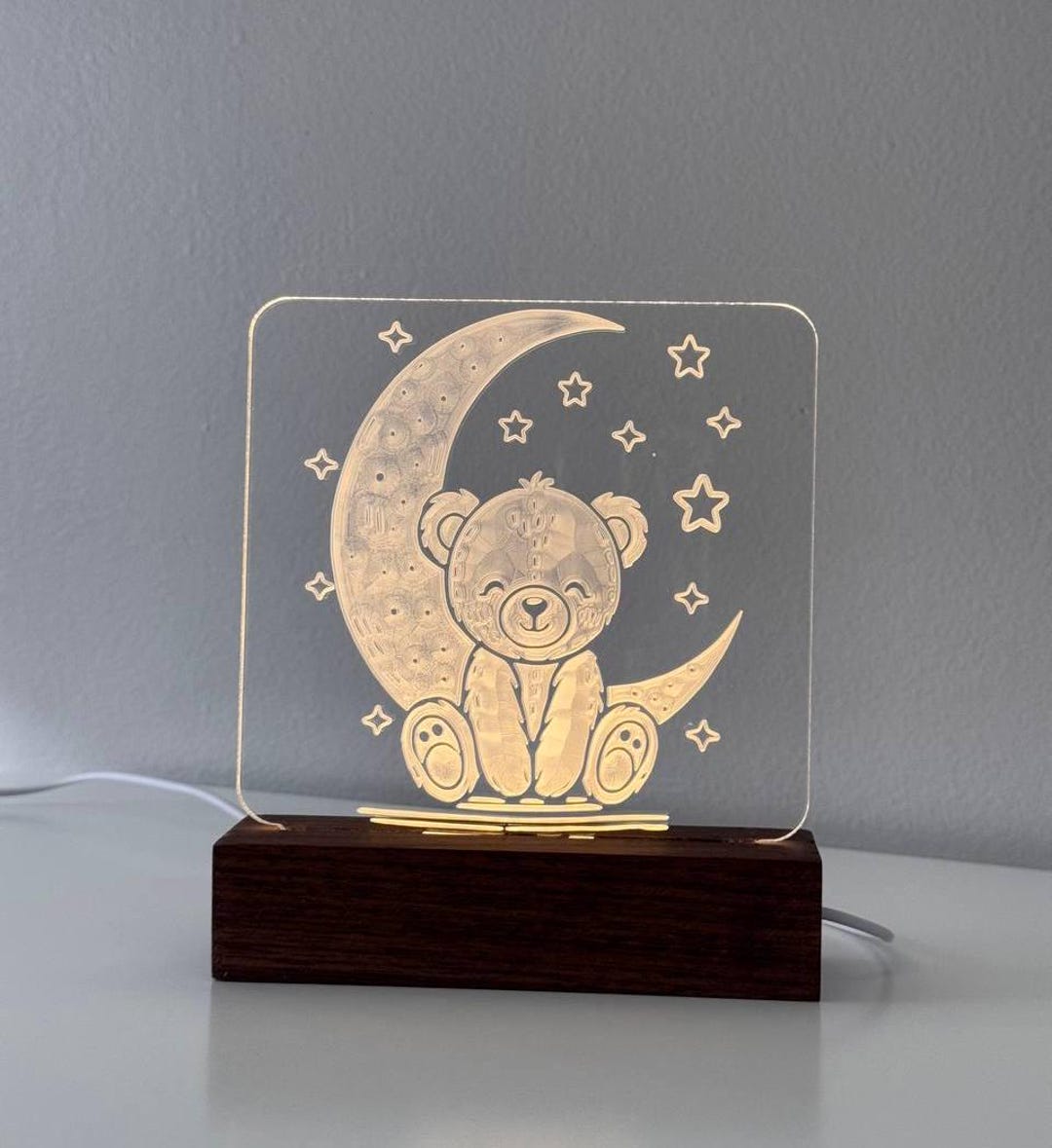 Personalized Acrylic LED Night Light: Walnut Wood Base, Custom Nursery ...