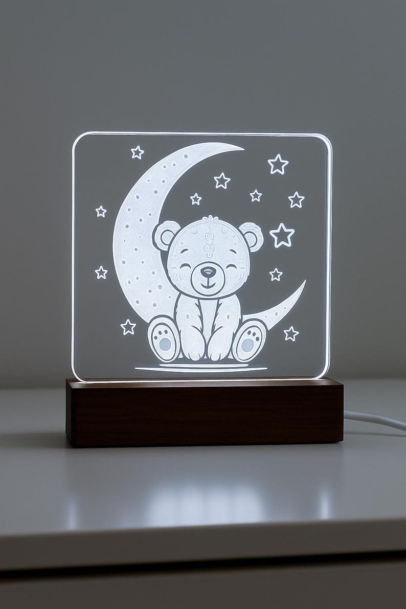 Personalized Acrylic LED Night Light: Walnut Wood Base, Custom Nursery ...