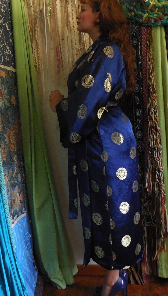 Vintage Kimono Robe * Royal blue and gold with black … - Gem