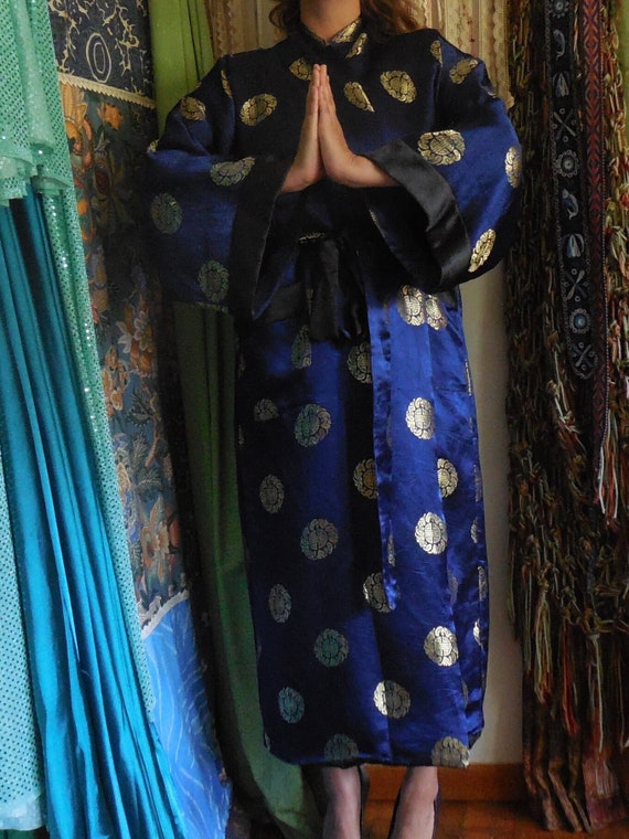 Vintage Kimono Robe * Royal blue and gold with black … - Gem