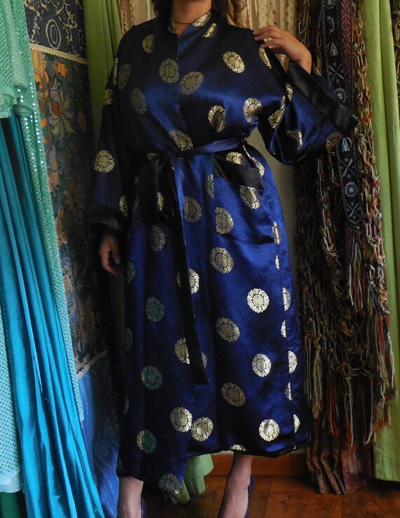 Vintage Kimono Robe * Royal blue and gold with black … - Gem