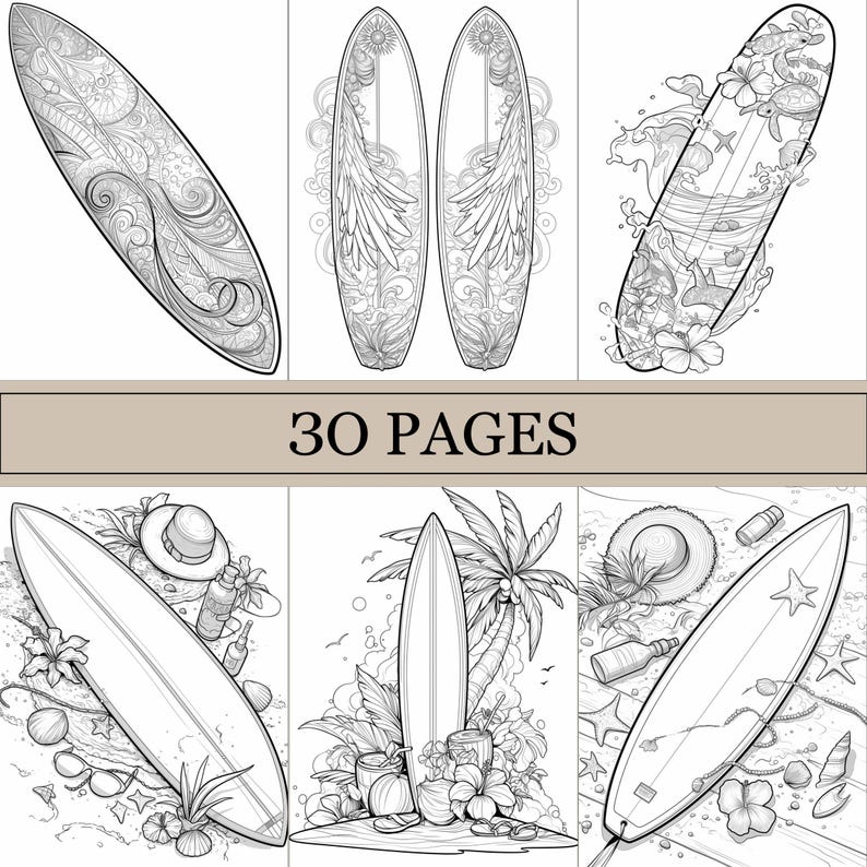 Surfboard Coloring Book, Cute Coloring Pages, Cozy Book for Adults and ...