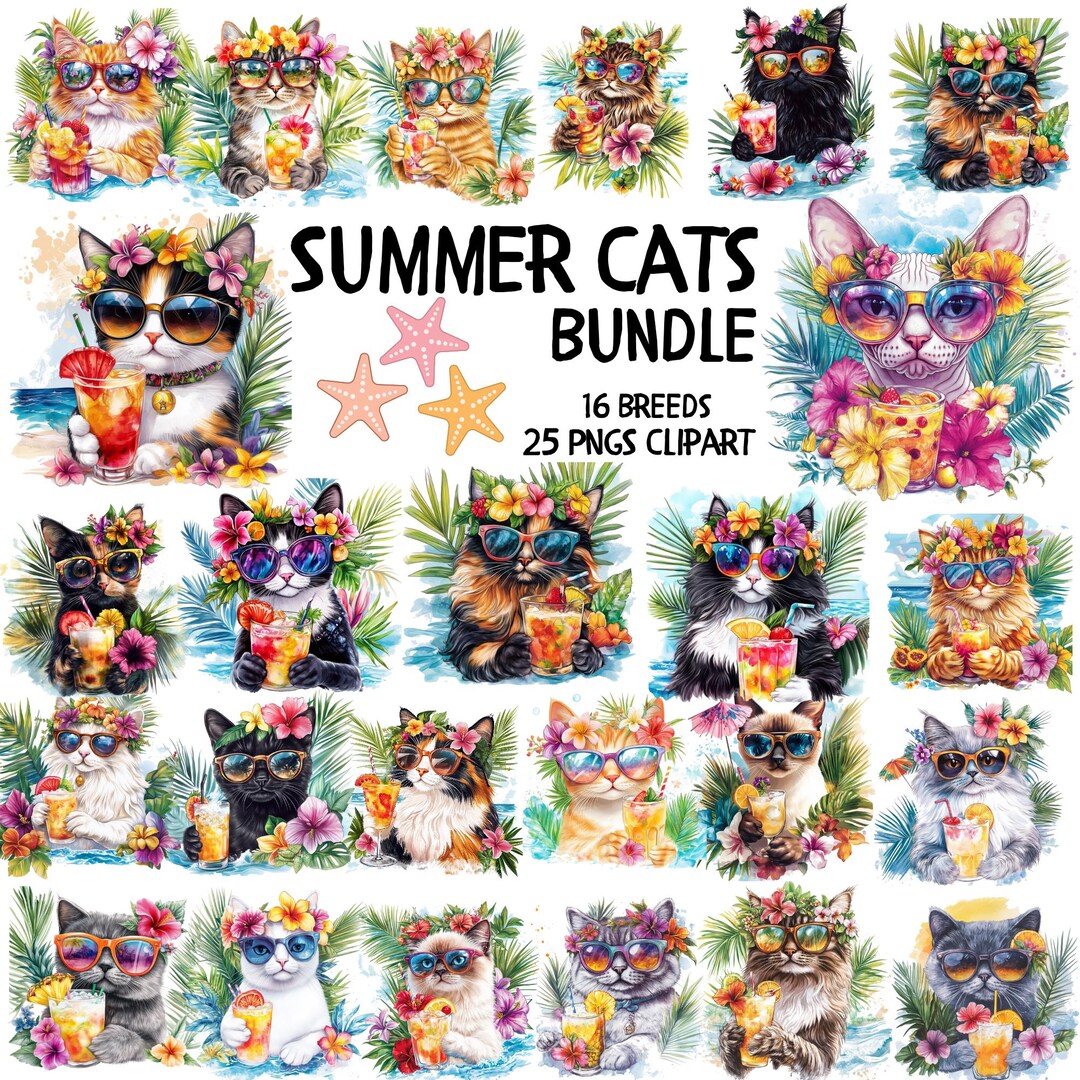 Summer Cats Clipart Bundle – 16 Breeds, 25 Pngs, Tropical Beach Cat Art ...
