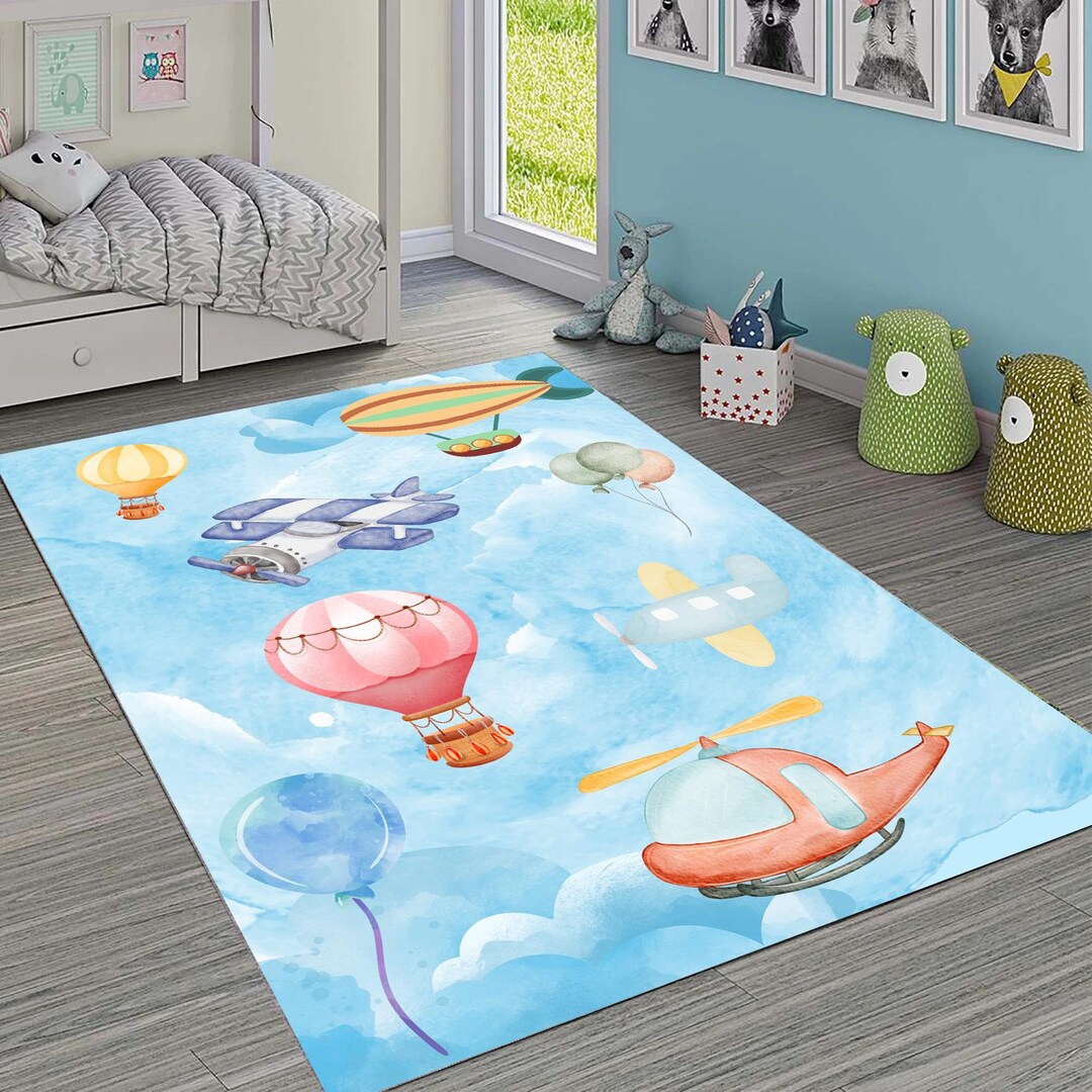 Airplane Activity Rug, Helicopter Decor, Blue Rug, Toddlers Room Rug ...