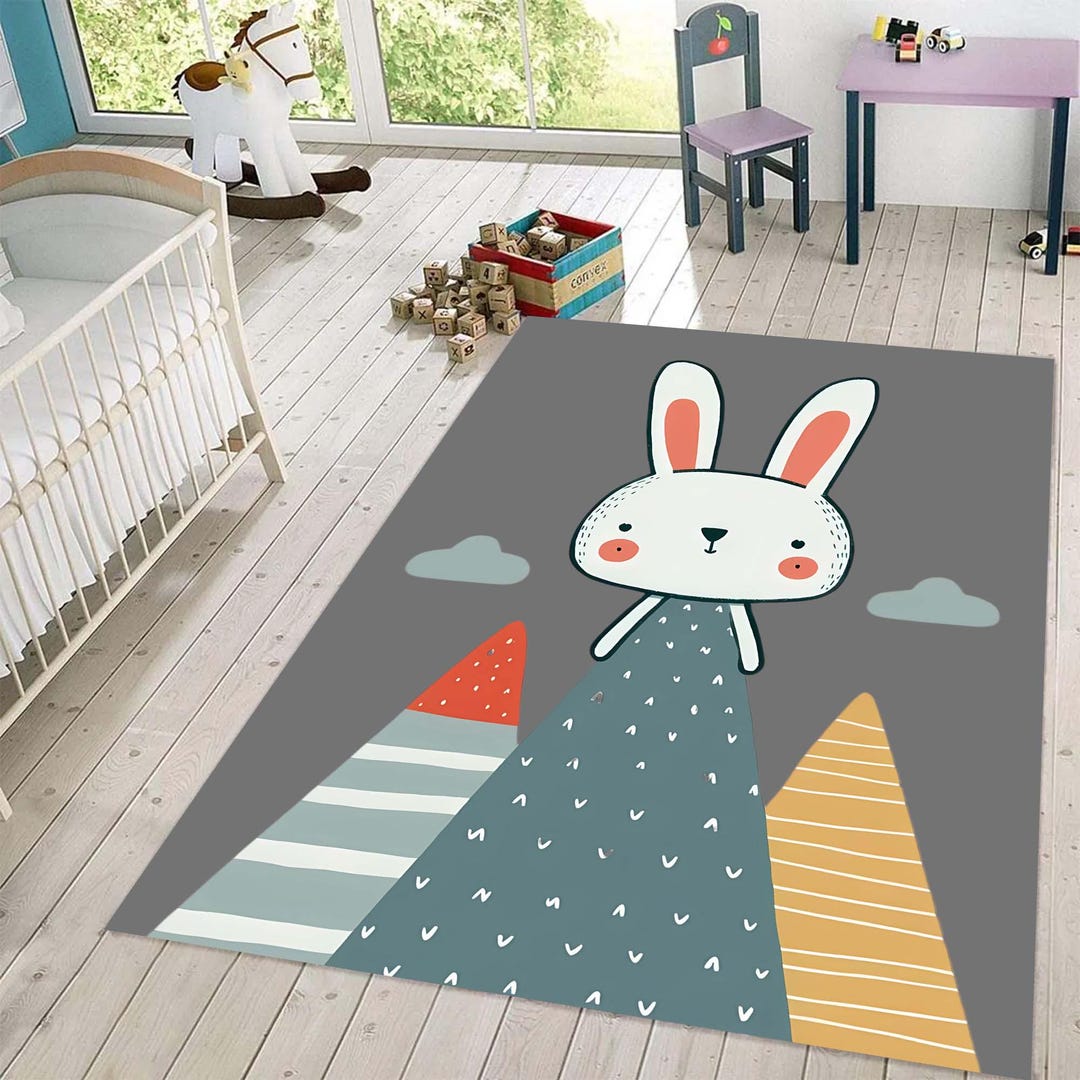 Cute Bunny Rug for Kids Room With Mountain and Cloud Design Soft Animal ...