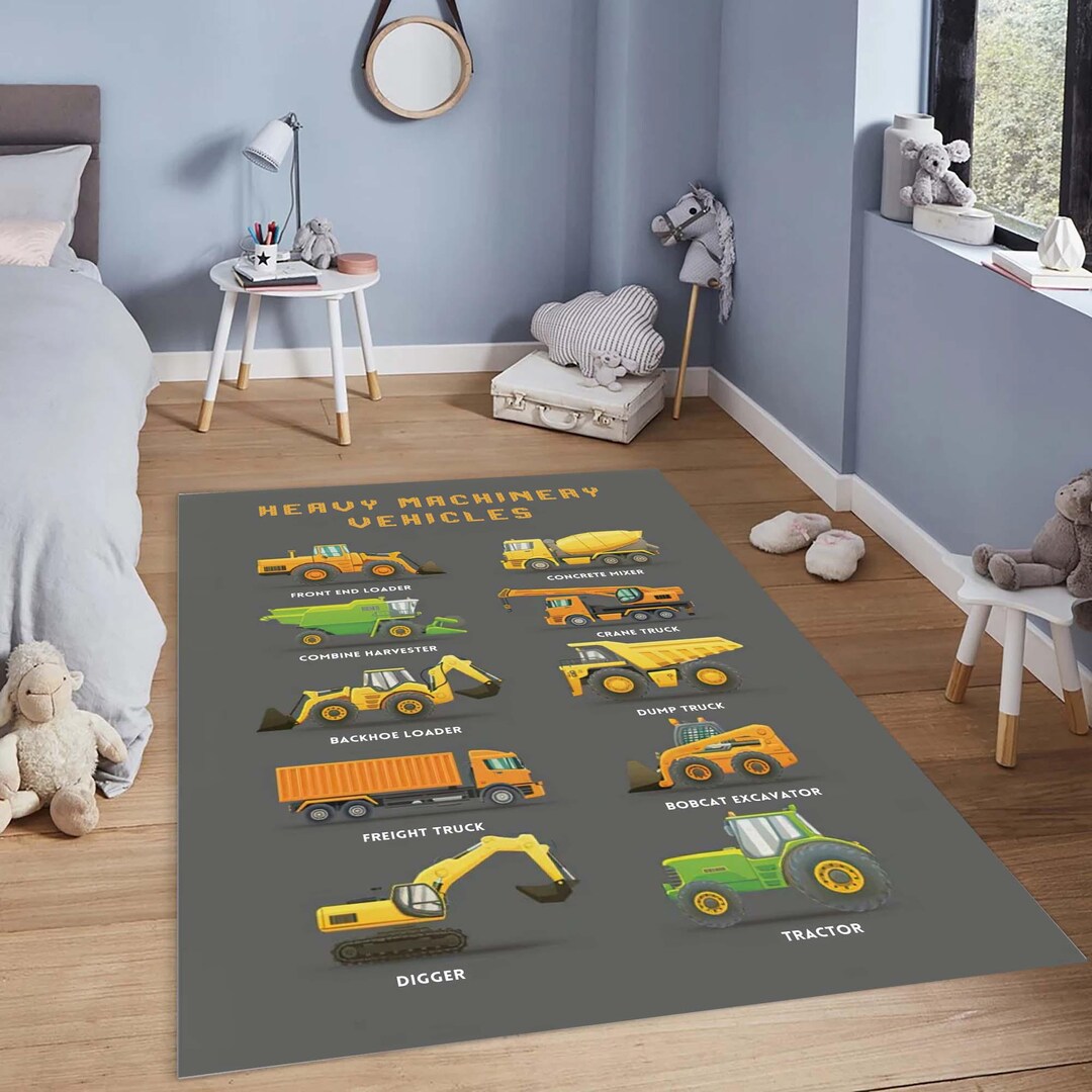 Construction Vehicles Kids Rug, Heavy Machinery Play Mat for Boys Room ...