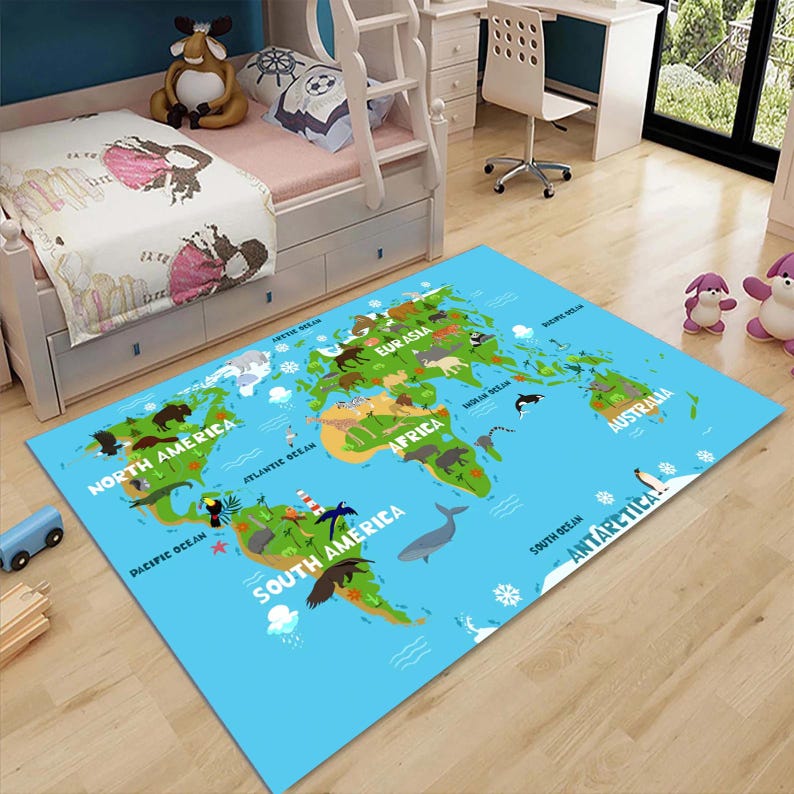 Educational World Map Rug, Kids Learning Carpet, Animal Geography Play ...